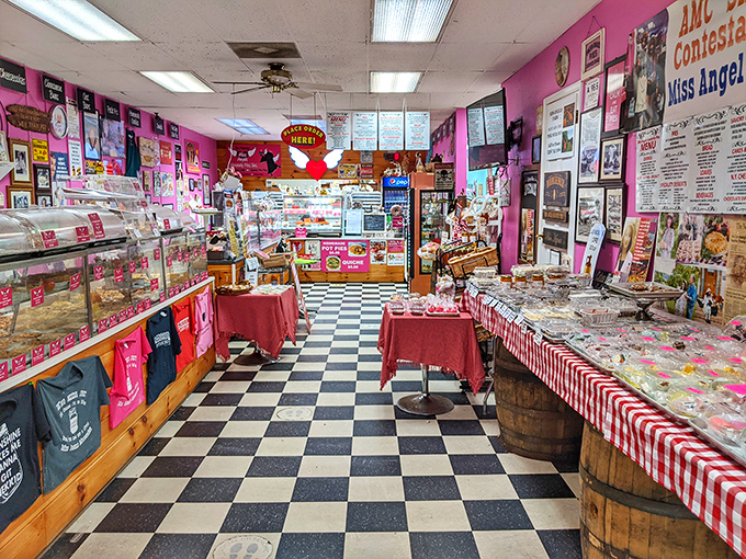 Step inside and the pink walls, checkered floor, and memorabilia create the perfect backdrop for the serious business of pie consumption.