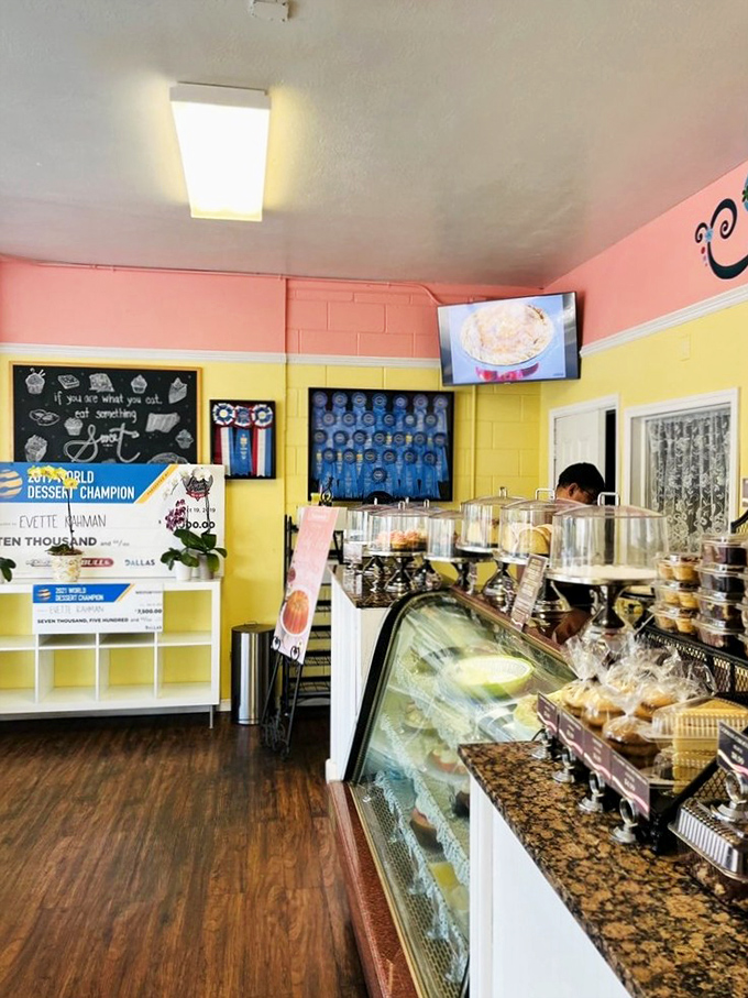 Pink and yellow walls frame a treasure trove of blue ribbons&mdash;this isn't just decoration, it's a victory parade for your taste buds.