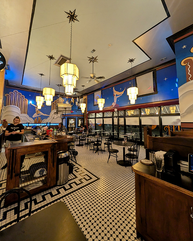 Step inside and the stunning blue Art Deco murals transport you to the golden age of soda fountains, where ice cream dreams and comfort food realities peacefully coexist.