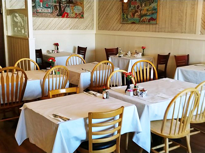 Simple wooden chairs and white tablecloths create the perfect stage for the real star of the show&mdash;that legendary chowder.
