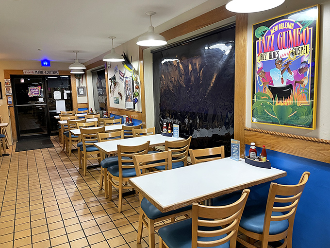 Inside Don's Dock, nautical charm meets no-nonsense dining. The New Orleans jazz gumbo poster hints at flavors that transport you far beyond Illinois borders.