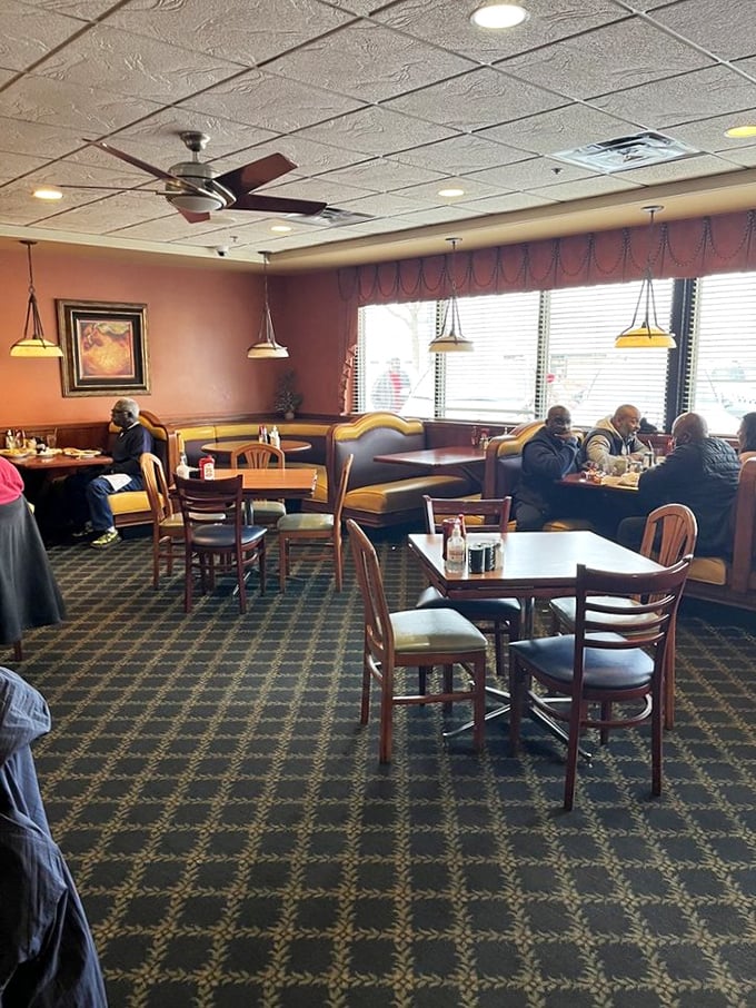 Inside, warm lighting and comfortable booths create that perfect morning ambiance&mdash;not too bright for pre-caffeine eyes, just right for starting your day.