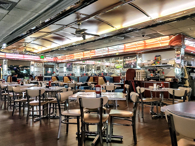 Classic diner seating awaits inside – where important life decisions are made daily, like whether to order the pancakes or the crab cake. (Correct answer: both.)