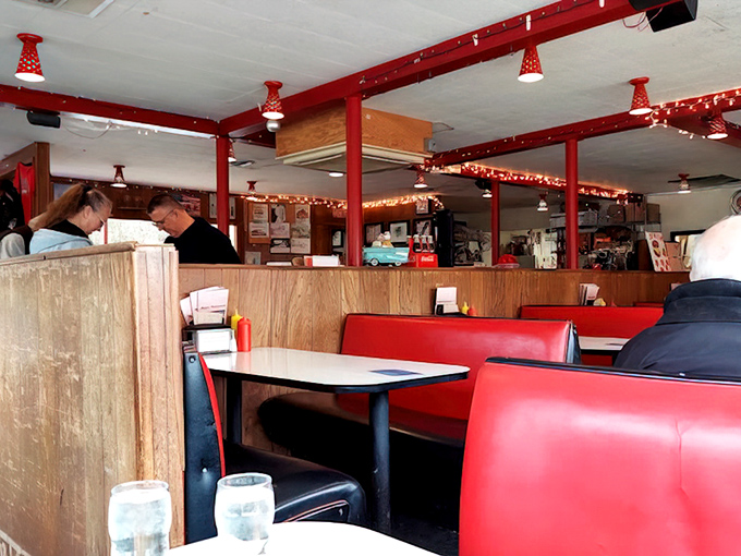 Inside, the retro-chic teal and red color scheme creates that perfect time-warp vibe where calories don't count and coffee refills are endless.