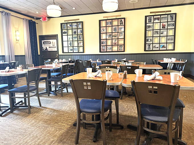 Clean lines and warm lighting create the perfect backdrop for serious breakfast conversations and coffee contemplation.