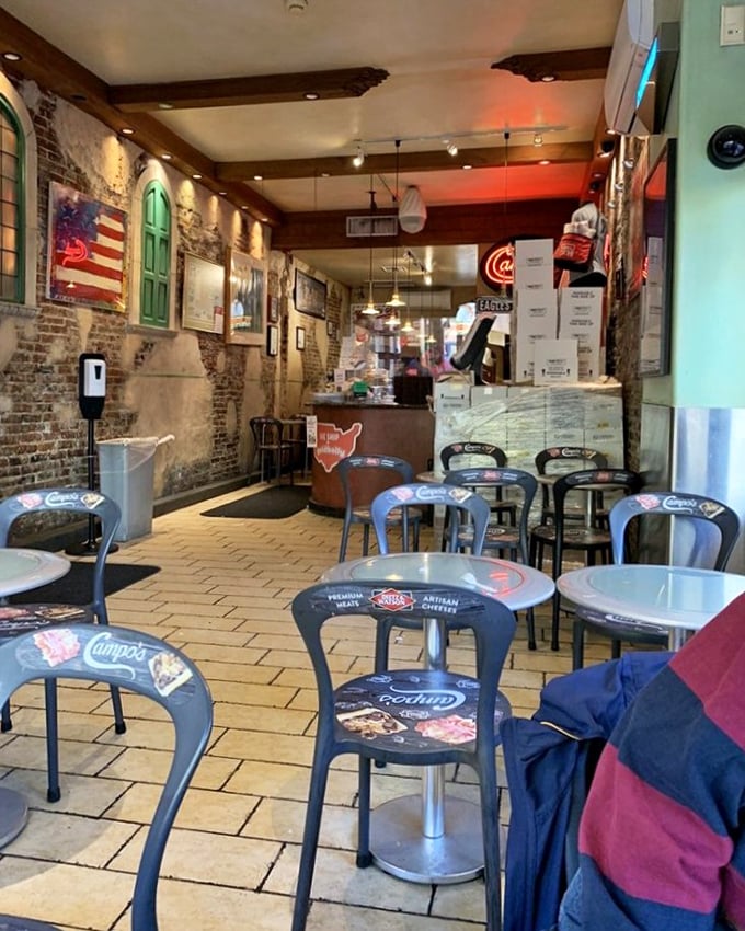 Inside Campo's, history meets hunger amid exposed brick walls and Philadelphia memorabilia. The compact dining area feels like a delicious time capsule.