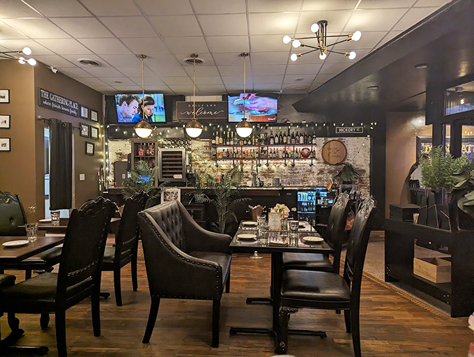 Leather chairs and warm lighting create the perfect backdrop for serious eating decisions. Like choosing between "very hungry" and "haven't eaten in days."