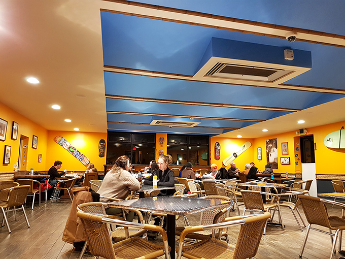 Where SoCal meets Allentown! The cheerful blue ceiling and sunny yellow walls create a beachy vibe that makes winter feel miles away.