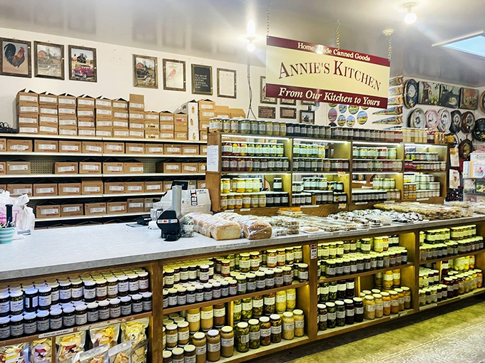 Annie's Kitchen showcases a dazzling array of homemade preserves. Like a library where every "book" is delicious and the late fees are paid in calories.