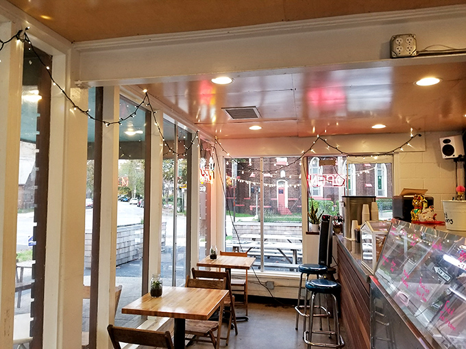 Inside, minimalist charm meets ice cream wonderland. The string lights and simple furnishings let the real star&mdash;those handcrafted flavors&mdash;take center stage.