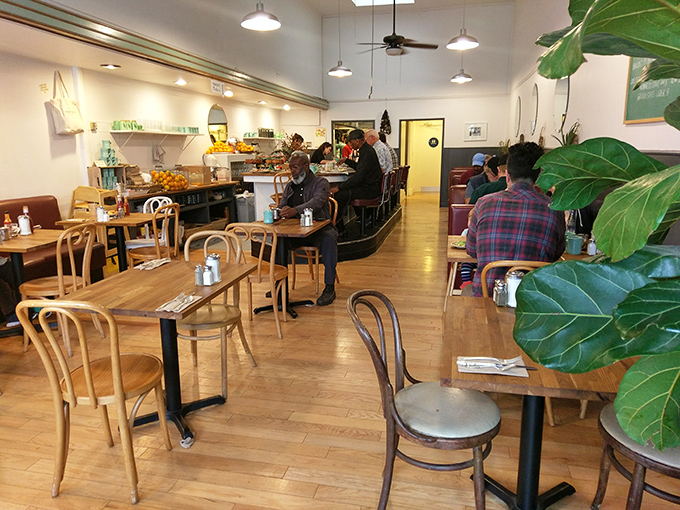 Clean lines, warm wood, and bentwood chairs create the perfect backdrop for serious breakfast conversations and lingering coffee.