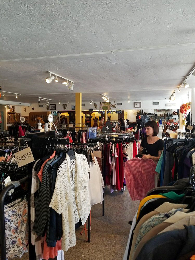 Racks upon racks of carefully organized clothing create a treasure hunter's paradise where patience is rewarded with incredible finds.