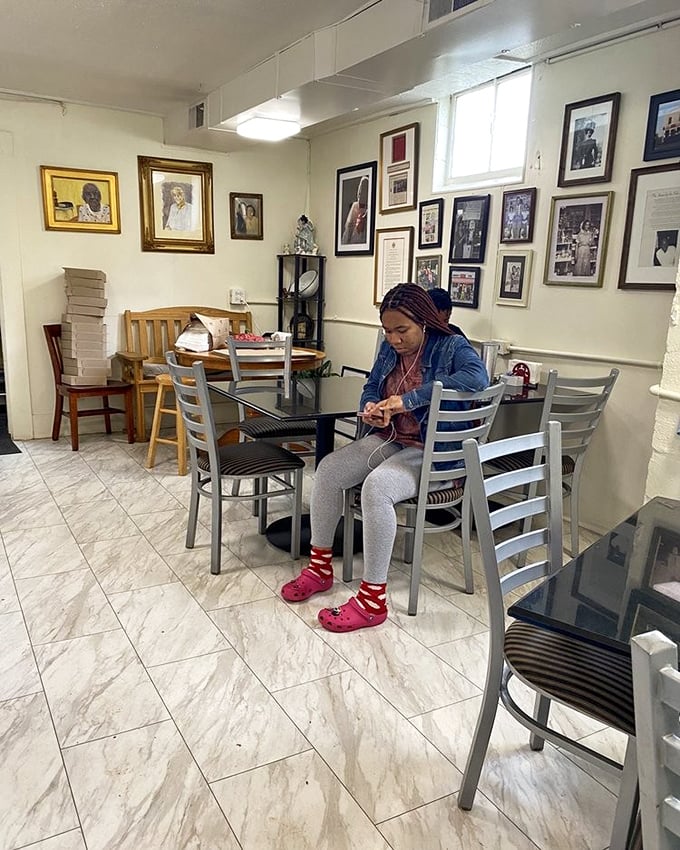 Inside, family photos line the walls like a visual history lesson, creating an atmosphere where memories are preserved alongside pie recipes.