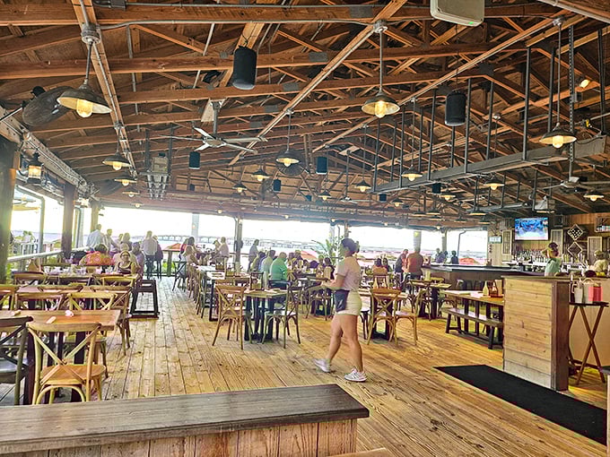 Exposed beams and natural light create the perfect backdrop for memorable meals. Like dining in a stylish treehouse, but with better food.