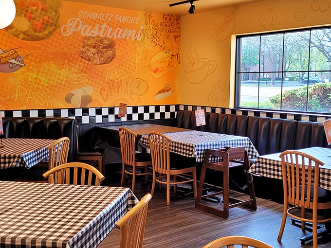 Black and white checkered tablecloths meet vibrant orange walls &ndash; it's like your favorite Jewish grandmother's kitchen got a modern makeover.