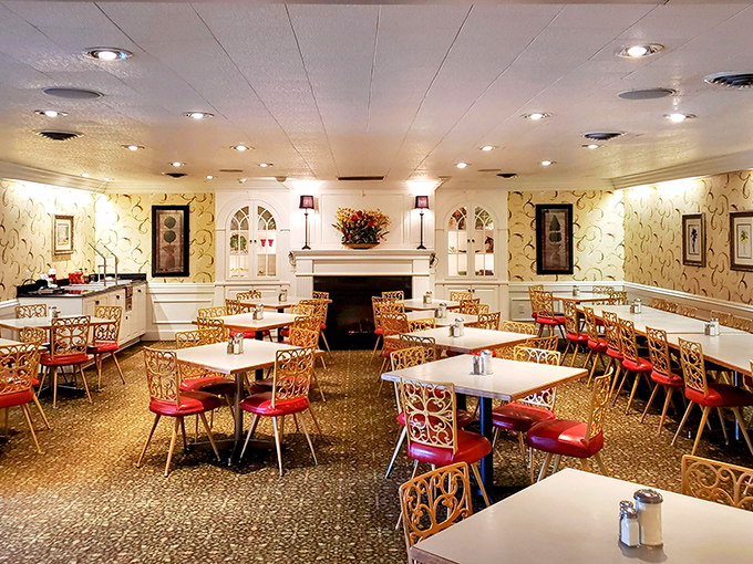 Step inside to a dining room that whispers of mid-century charm&mdash;ornate gold chairs with red vinyl seats that have cradled generations of satisfied diners.