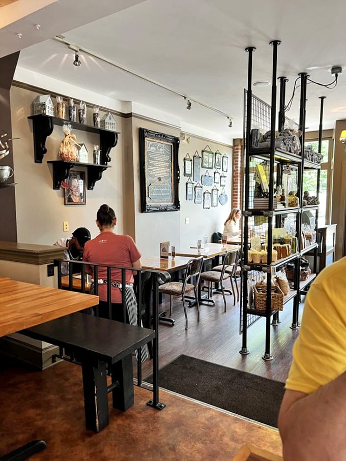 Inside Lucky's, the cozy interior strikes that perfect balance between neighborhood joint and hip eatery, with shelves displaying local goods and plenty of charm.