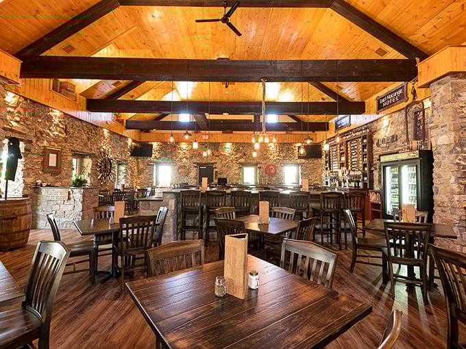 Exposed stone walls meet warm wooden beams in this dining room that feels like stepping into Pennsylvania's delicious past. History never tasted so good.