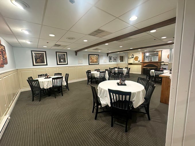 White tablecloths and wooden chairs create that perfect sweet spot between "special occasion" and "come as you are" dining that's increasingly rare these days.