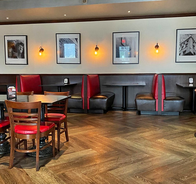 Red leather booths and warm wood floors create that perfect "Cheers" vibe&mdash;where everybody might not know your name yet, but they'll remember your order.