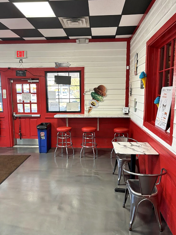 Classic diner meets ice cream parlor inside Mimi's, where that black and white checkered ceiling watches over countless sugar-fueled memories in the making.