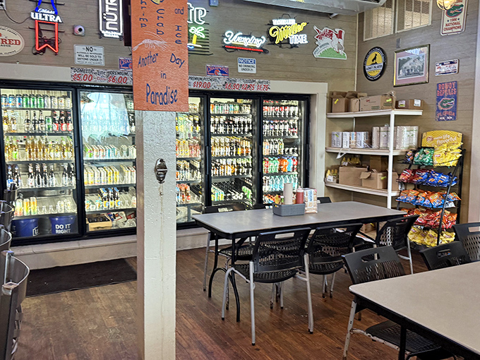 Self-service heaven awaits inside, where the beer coolers operate on the honor system. Grab your own and keep track—a beautiful throwback to simpler times.