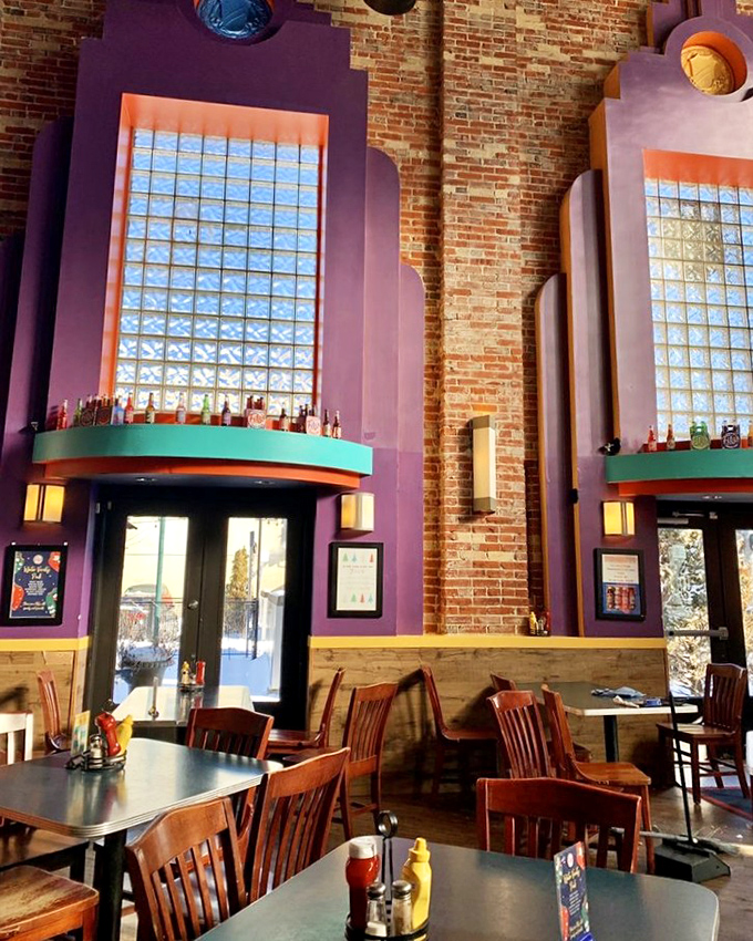 Soaring brick walls and glass-block windows create a cathedral-like atmosphere for worshipping at the altar of comfort food and craft sodas