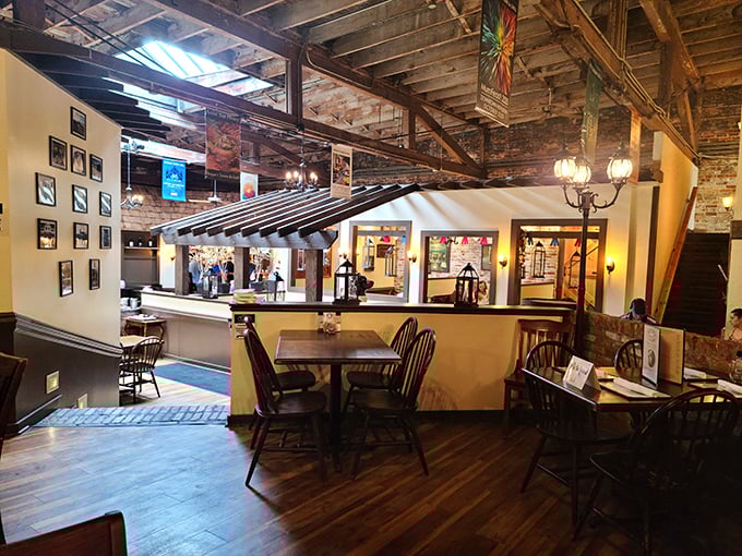 Inside, exposed beams and brick walls create that perfect "historic-meets-homey" atmosphere where comfort food stories begin.