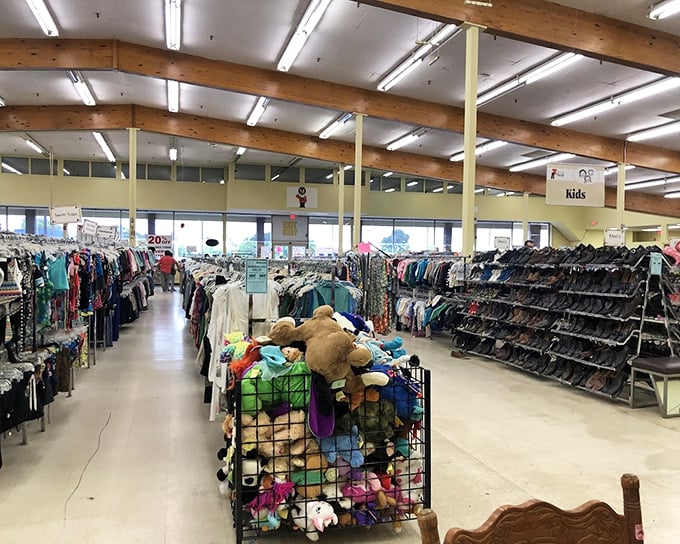 A thrifter's paradise stretches as far as the eye can see. Those exposed wooden beams have witnessed countless "Eureka!" moments from savvy shoppers.