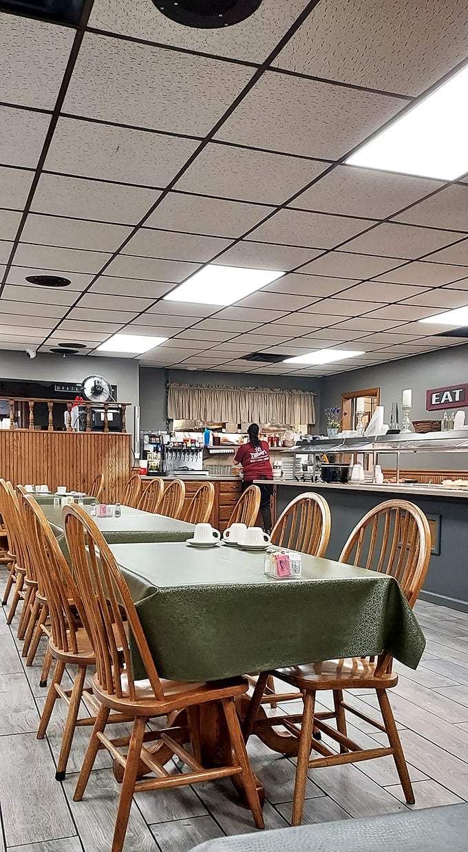 Classic Amish-country charm awaits inside with wooden Windsor chairs, green tablecloths, and a counter where regulars exchange morning news.