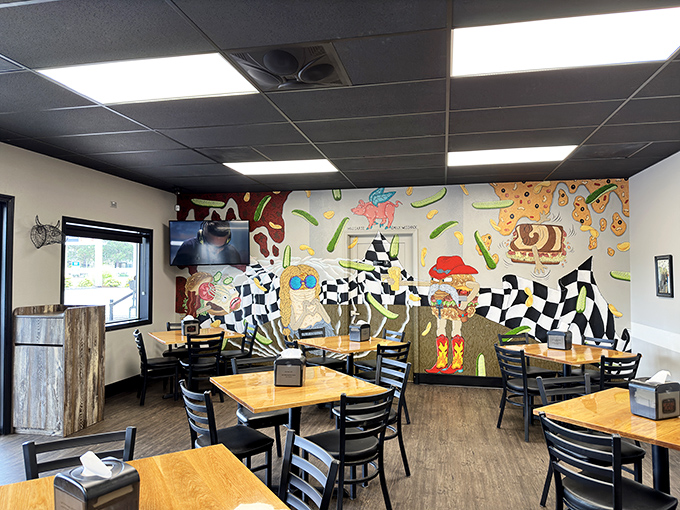 Inside, whimsical wall art transforms a simple dining room into something special &ndash; like finding an unexpected jazz club in a quiet neighborhood.