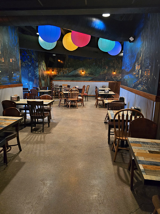 Step inside and you're transported to a pirate's cove, complete with colorful lanterns and murals that make waiting for your BBQ feel like a mini-vacation.