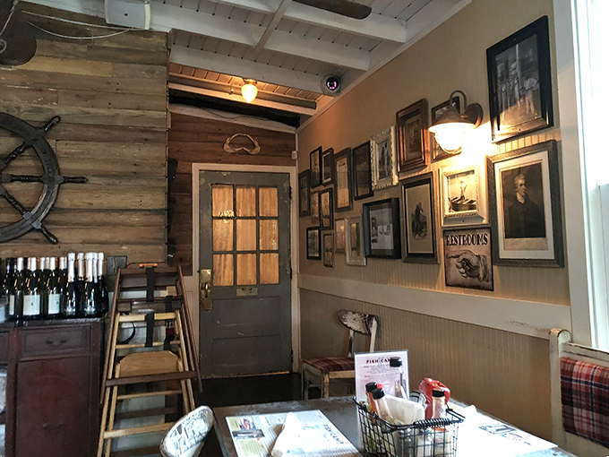 Weathered wood walls adorned with maritime memories create the perfect backdrop for seafood storytelling. This isn't d&eacute;cor &ndash; it's a visual history lesson.