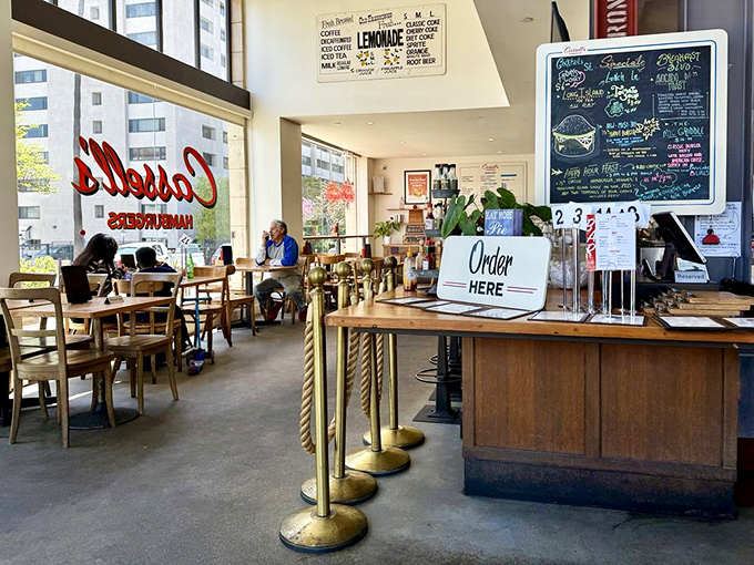 Order at the counter, then grab a seat. The bright, airy interior feels like a time machine to when burgers were an art form.