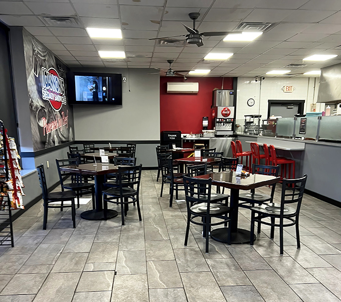 Inside, function trumps fashion with simple tables, chairs, and a no-nonsense atmosphere where the food rightfully takes center stage.