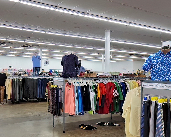 Color-coded clothing racks stretch toward fluorescent horizons &ndash; a textile ocean where yesterday's fashion finds tomorrow's admirers.