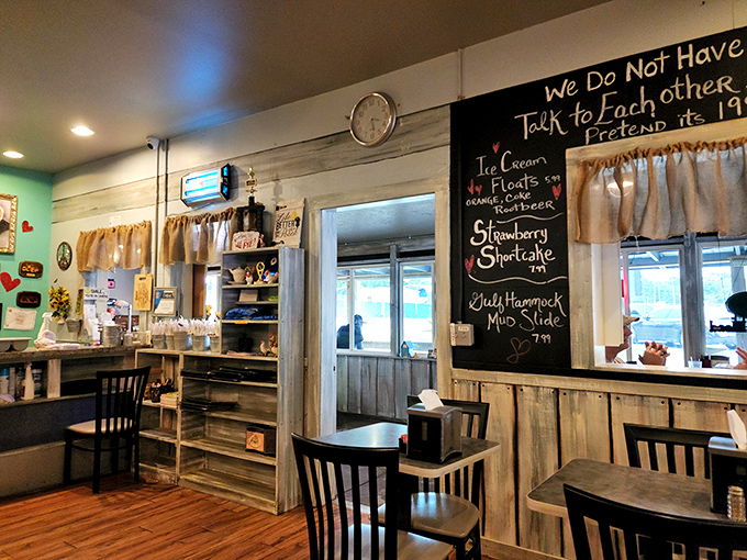 That chalkboard doesn't just list desserts—it's a roadmap to happiness. Note the "We Do Not Have WiFi" sign, encouraging actual conversation like it's 1995.