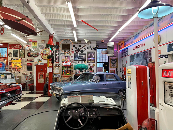 Step inside where vintage signs and classic cars create the perfect nostalgic atmosphere for exploration.