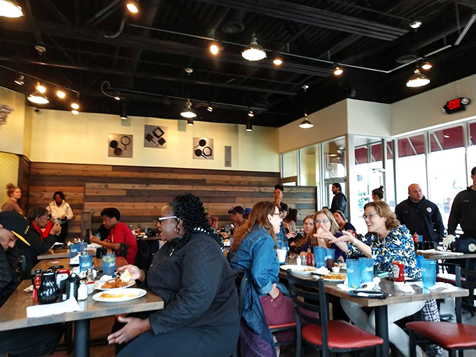 Weekend warriors pack the modern-rustic interior, united in the universal religion of breakfast devotion.