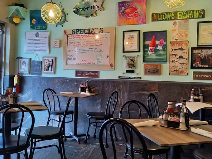 Inside, nautical charm meets no-nonsense dining. The walls tell stories of fishing triumphs while you create your own tale of culinary conquest.