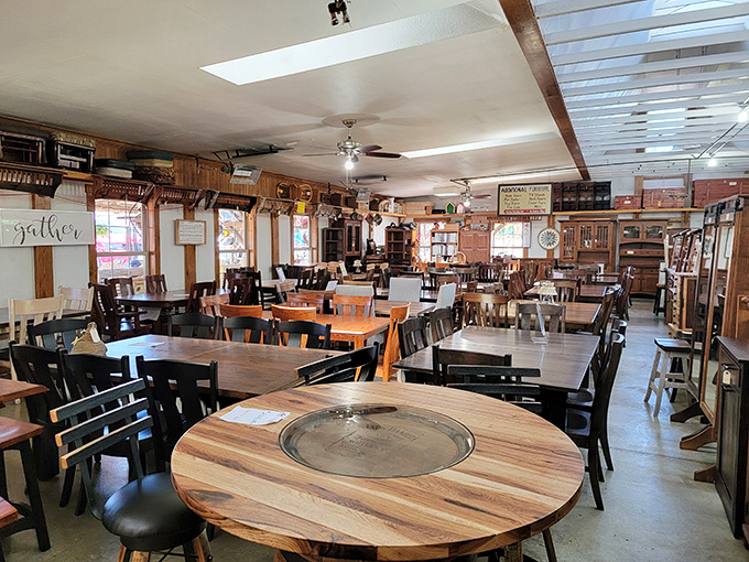 Dining room or furniture showroom? Why not both! These handcrafted tables with built-in lazy Susans make family-style meals feel like a rustic luxury experience.