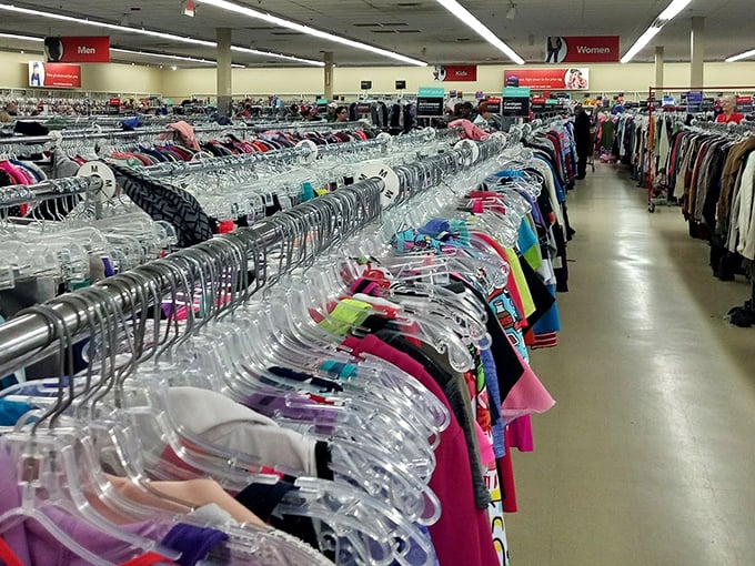 Endless racks of possibility stretch toward the horizon, where today's fashion treasure hunt begins among color-coded clothing battalions.