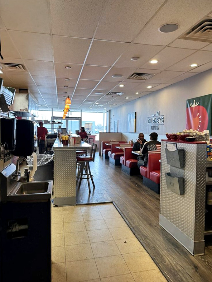Classic diner aesthetics meet modern comfort inside. Those red vinyl booths have witnessed countless "first bite" moments of breakfast bliss.