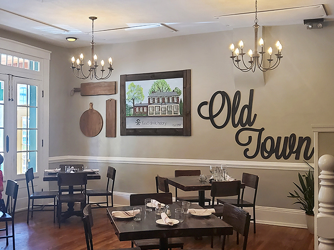 The "Old Town" dining room blends historic charm with modern comfort. Those chandeliers have witnessed countless first dates, anniversary celebrations, and "just because" Tuesday night dinners.