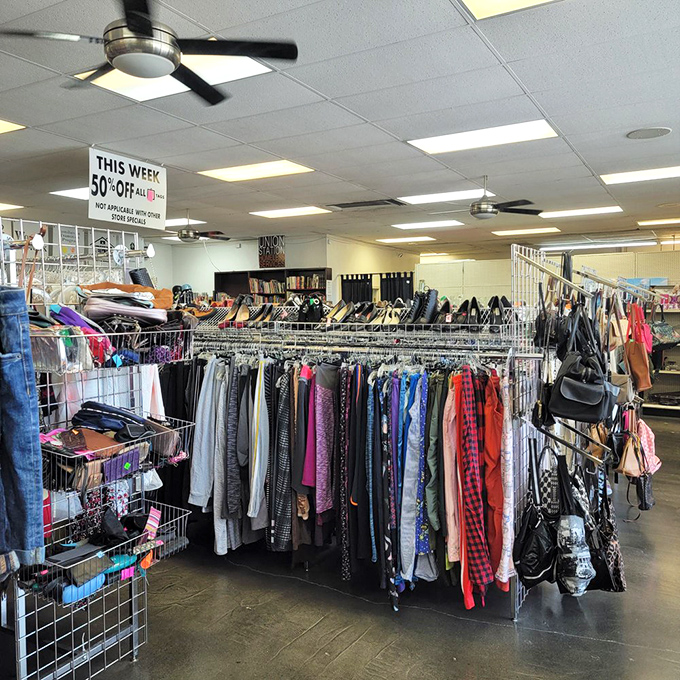 Treasure hunters navigate the clothing seas with the 50%-off sign serving as the North Star. The thrill of the hunt is palpable here.