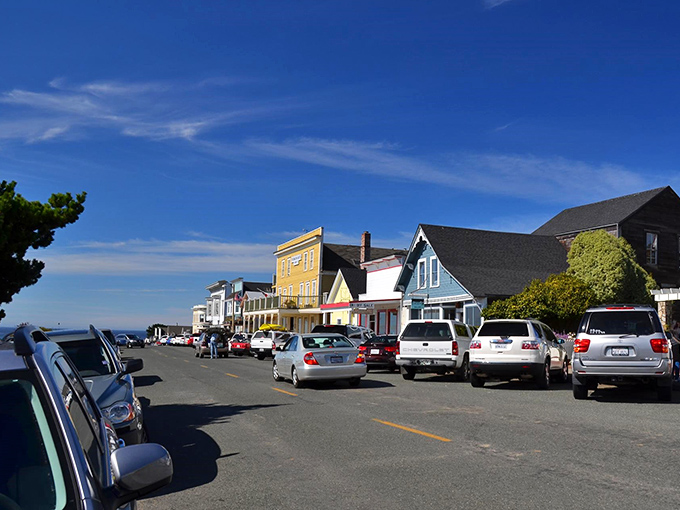 Colorful Victorian storefronts line Mendocino's Main Street, a painter's palette of coastal architecture against that impossibly blue California sky.