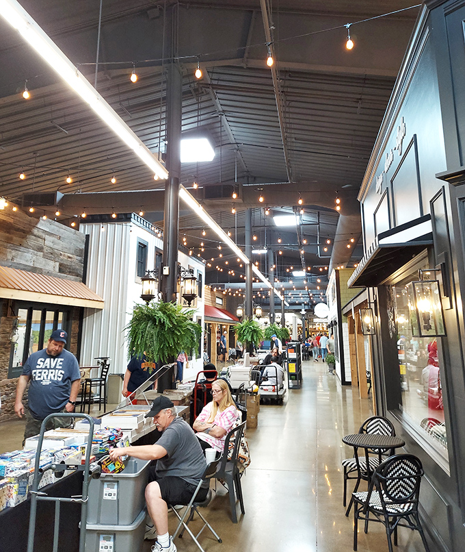 String lights dance overhead as shoppers navigate this indoor bazaar. It's like Main Street America got dressed up for a special occasion.