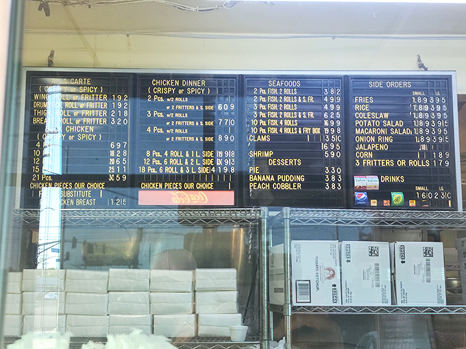 This no-nonsense menu board tells you everything you need to know&mdash;chicken reigns supreme here, with seafood playing a delicious supporting role.