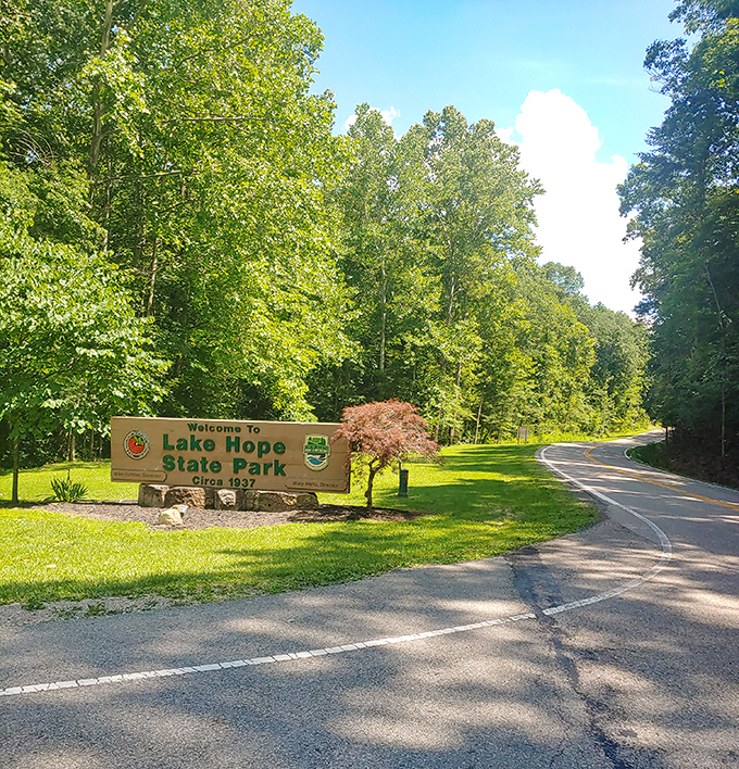 The entrance sign promises adventure while the winding road whispers, "Slow down, you're on nature's time now."