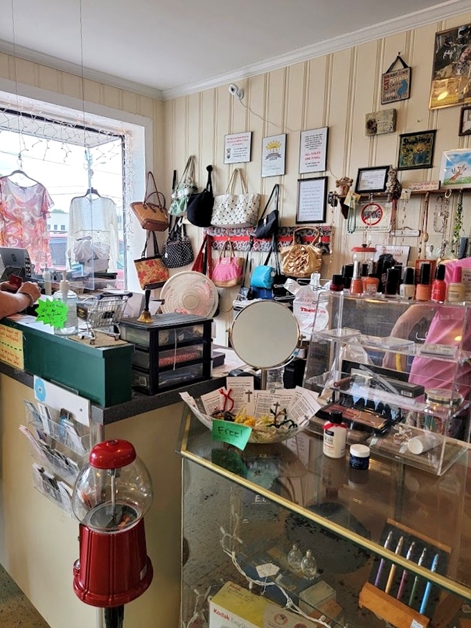 More than just a checkout counter &ndash; it's a portal to accessories galore! Vintage handbags, jewelry, and that nostalgic red gumball machine transport you back to simpler times.